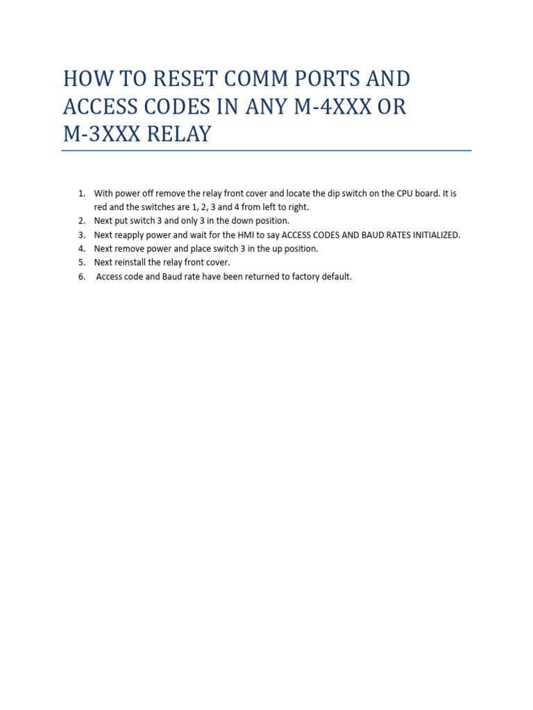 How To Reset Comm Ports and Access Codes in M | PDF