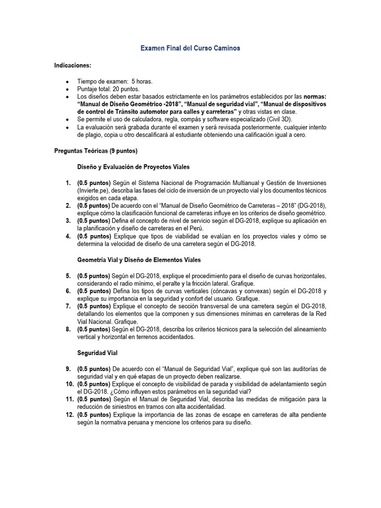 Examen Final Del Curso Caminos | PDF | Diseño | Tráfico