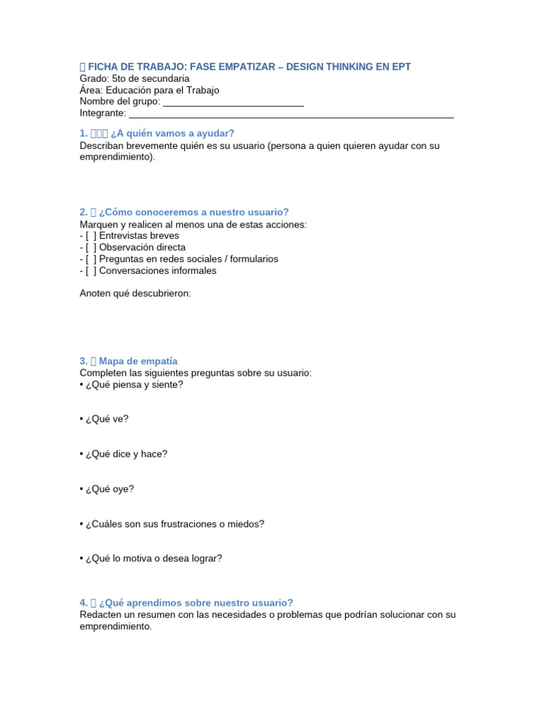 Ficha Fase Empatizar Design Thinking EPT 5to | PDF