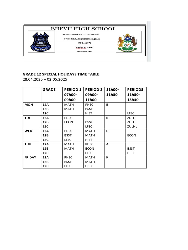 Ammended Special Holidays Time Table | PDF