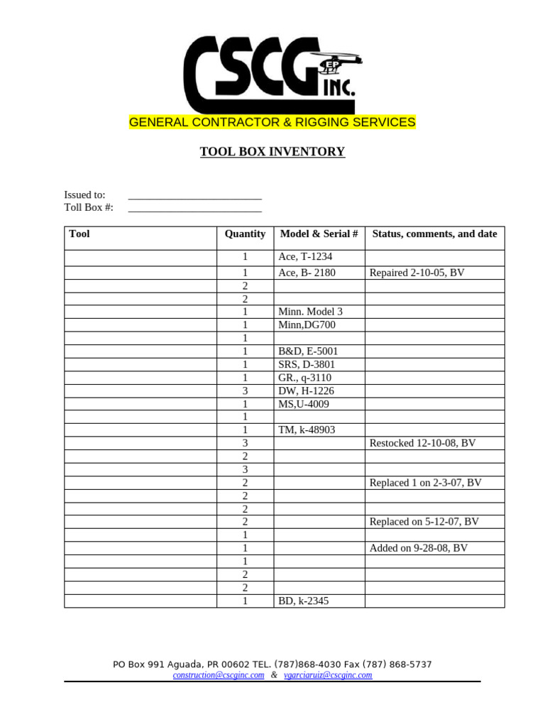 Tool Box Inventory for Contractors | PDF