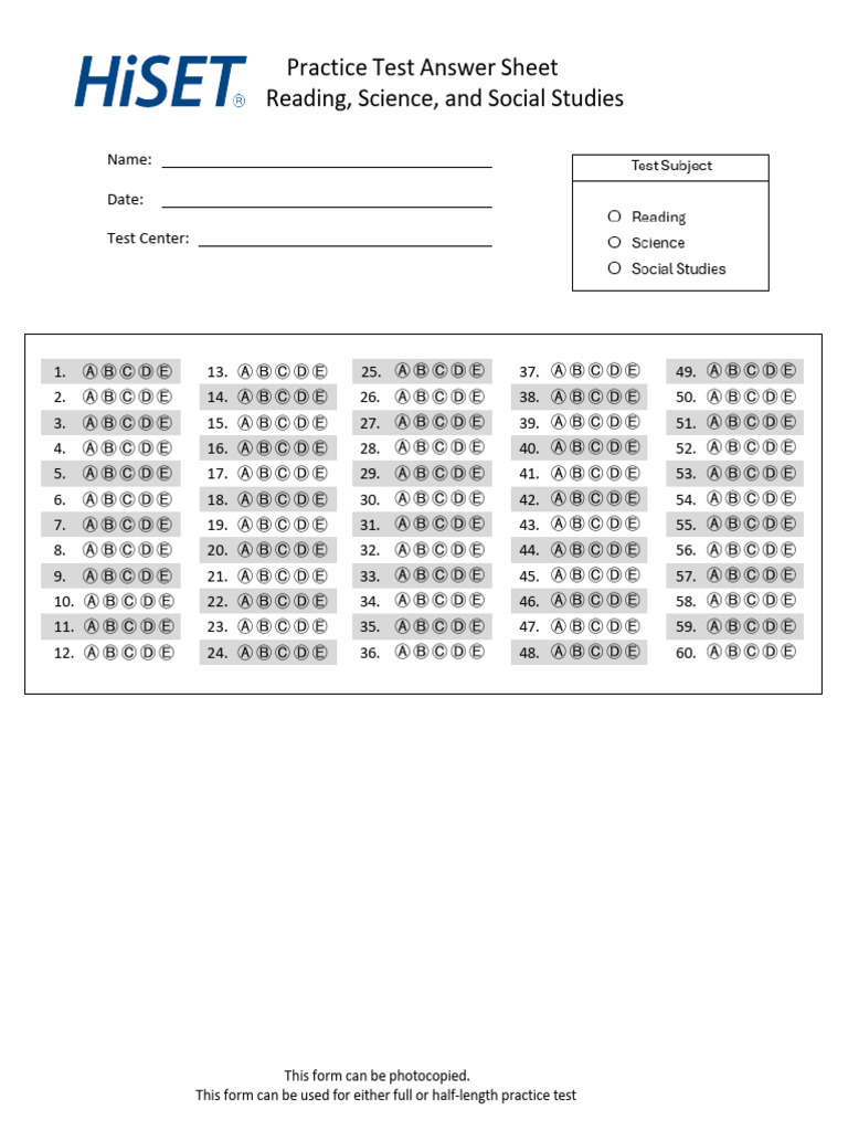 Practice Test Answer Sheet Blank SC - Ss .Reading | PDF
