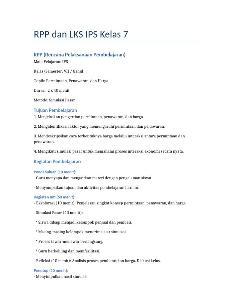 RPP Dan LKS IPS Kelas 7 Simulasi Pasar | PDF