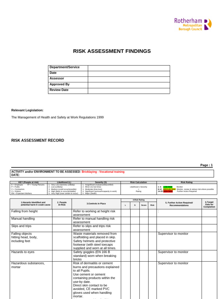 Bricklaying Vocational Training Risk Assessment Template | PDF | Risk ...