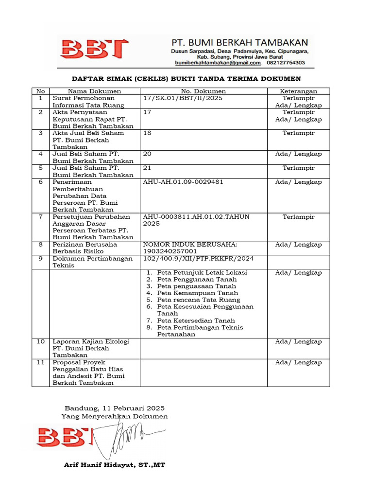 DAFTAR SIMAK DOKUMEN PT. BBT_sign | PDF