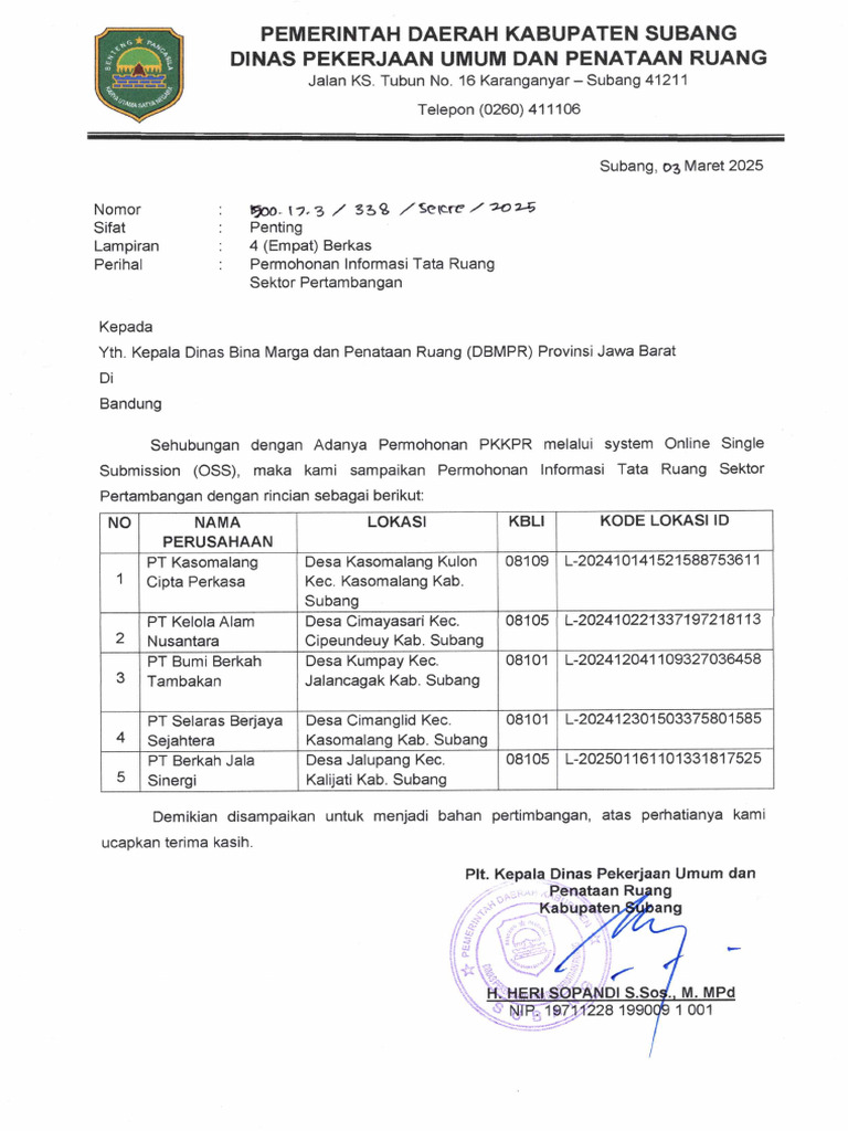 Surat DPUPR Subang Ke BMPR Prov Jabar | PDF