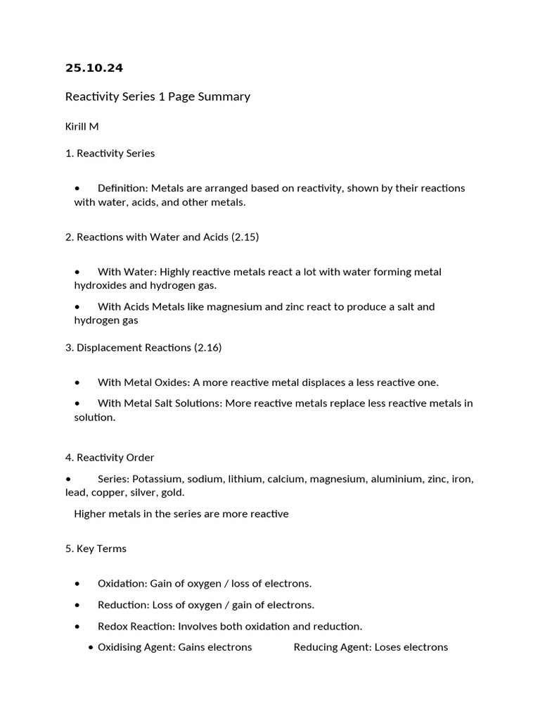 High Reactivity Metals Overview | PDF