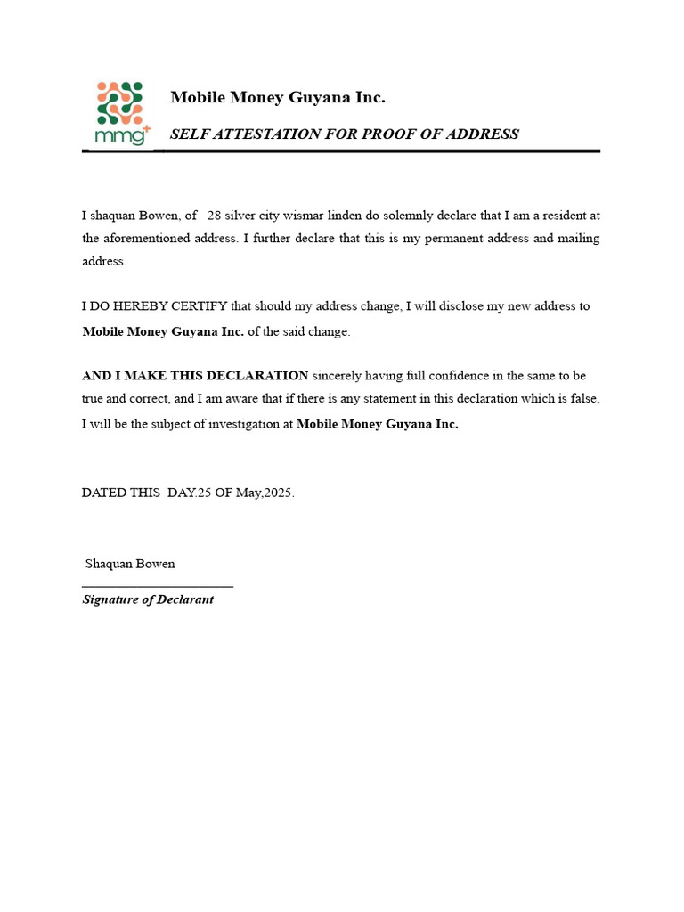 Self-Attestation for Address Proof | PDF