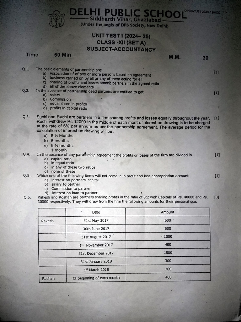 Accountancy Xii Ut-1 DPSSV | PDF | Interest | Partnership