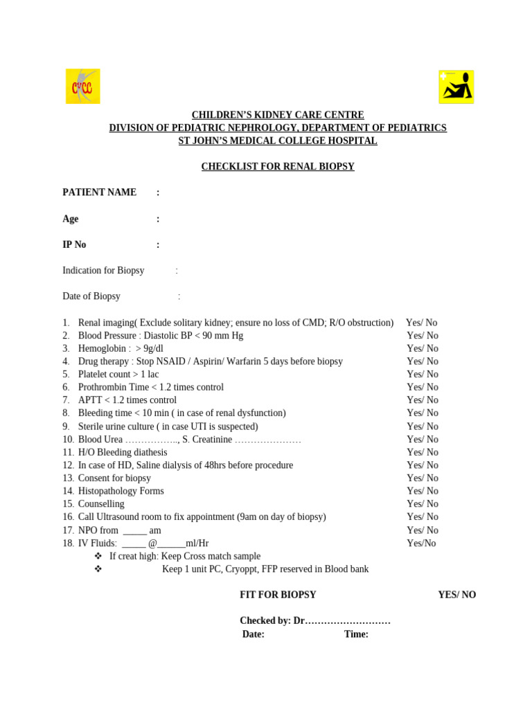 Renal Biopsy Checklist Form | PDF | Kidney | Nephrology