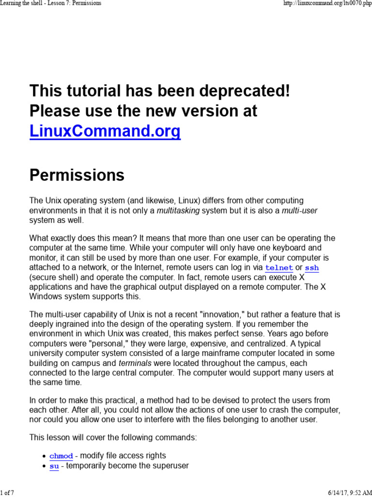 Learning The Shell - Lesson 7 - Permissions | PDF | Superuser | Sudo