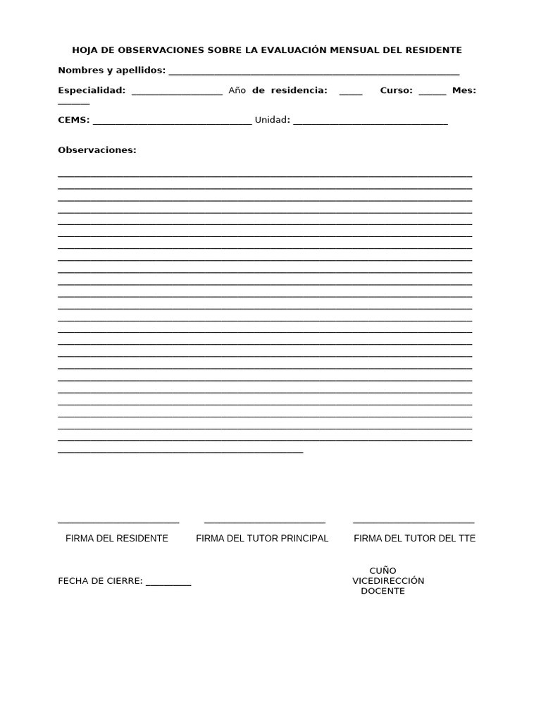 Hoja Mensual de Observaciones | PDF