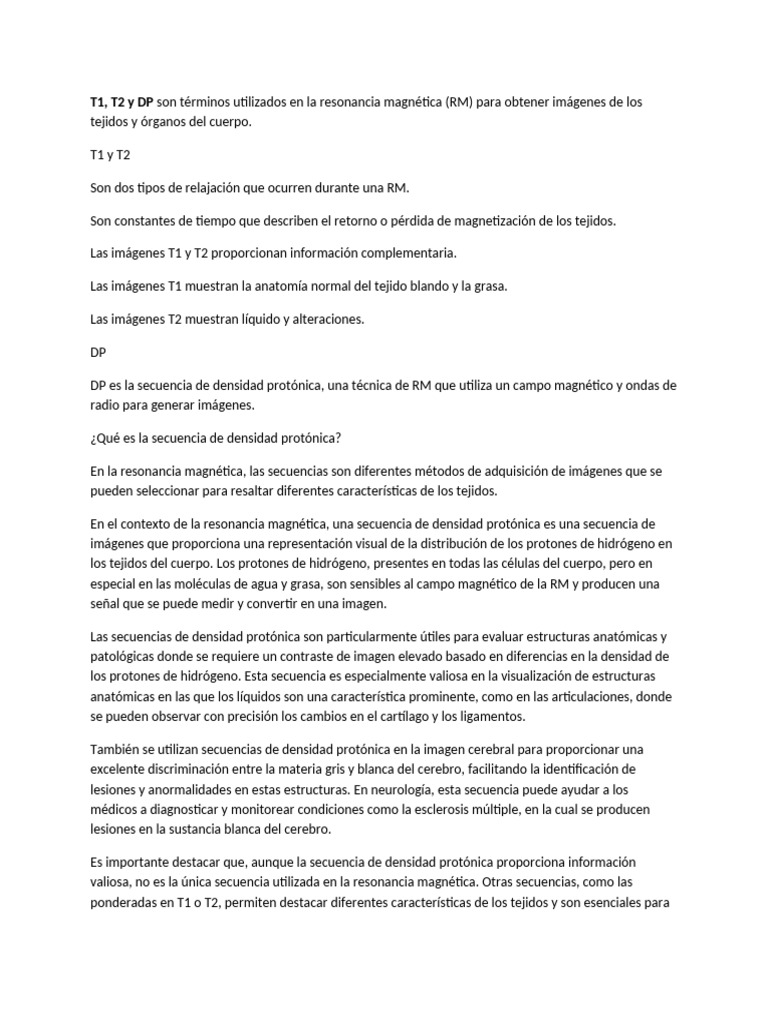 T1, T2 y DP en Resonancia Magnética | PDF | Imagen de resonancia magnética