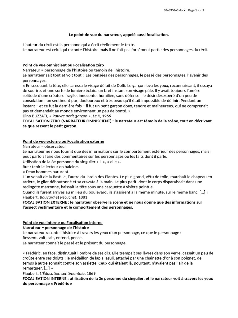 Focalisation Point de Vue Narrateur | PDF