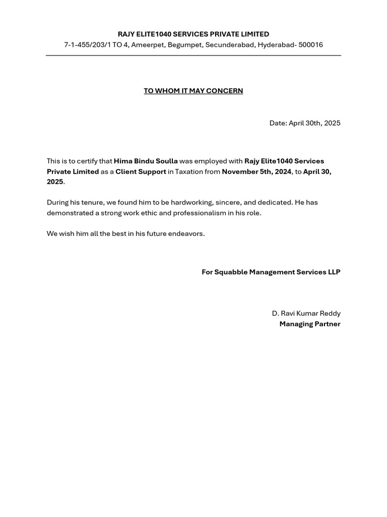 Hima Bindu Experience Letter - 250503 - 000759 | PDF
