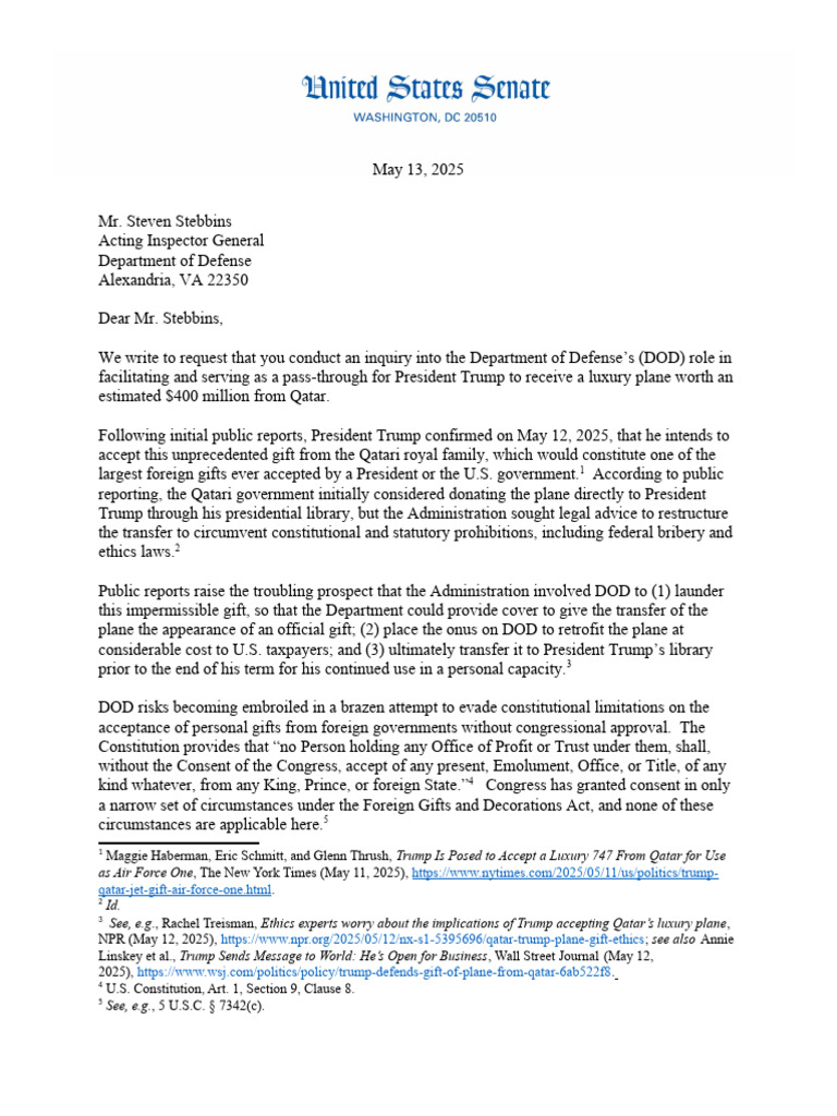 2025.05.13 Senator Schiff Letter To DOD IG | PDF | Donald Trump ...