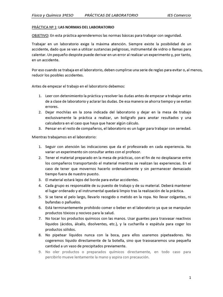 Práctica 1 - Las Normas Del Laboratorio | PDF | Laboratorios | Agua