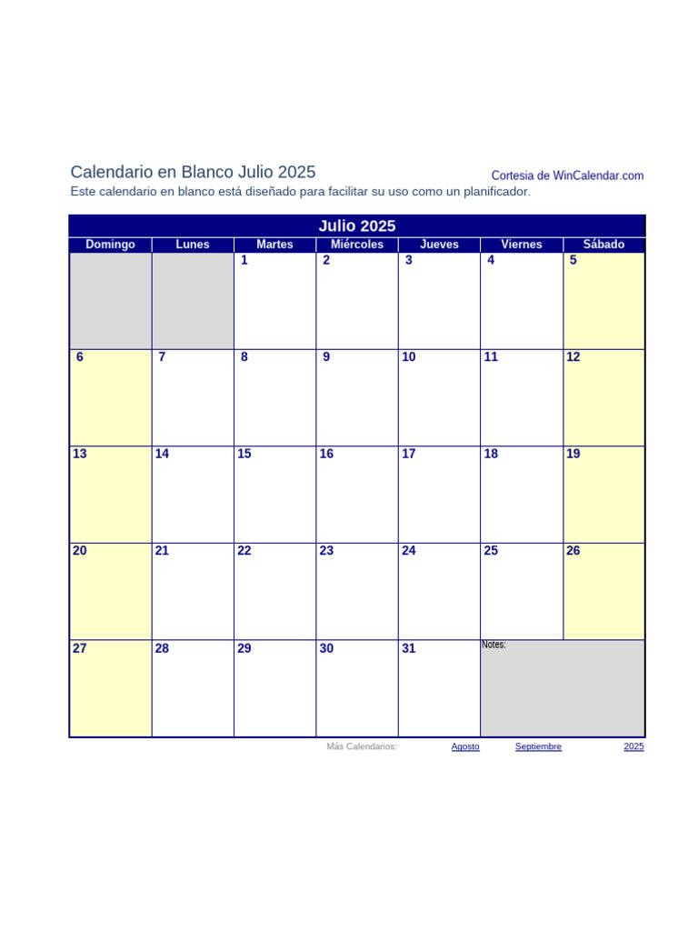 Calendario en Blanco Julio 2025 | PDF
