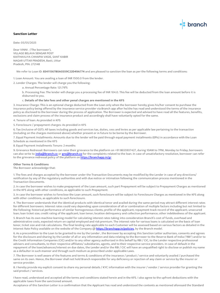 Loan Sanction Letter for VINNI | PDF | Loans | Interest