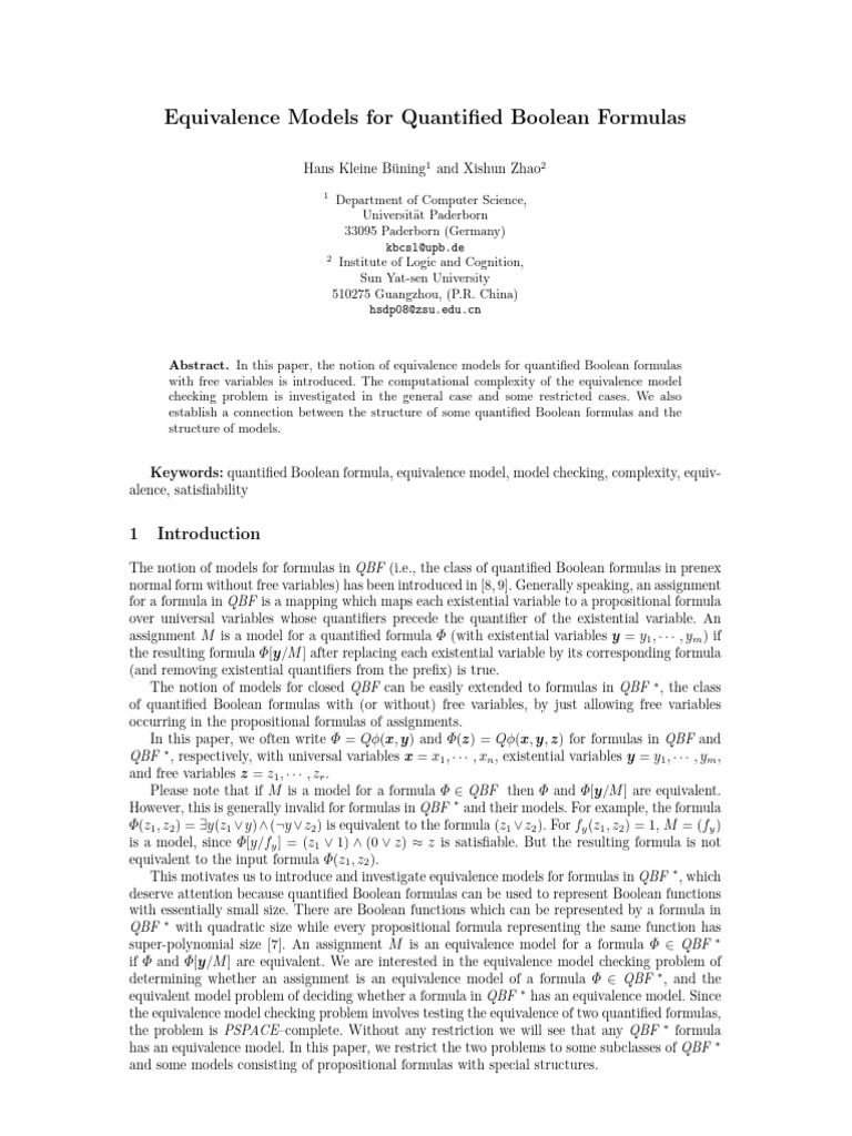 Equivalence Models for Quantified Boolean Formulas | PDF | Boolean Algebra | Teaching Mathematics