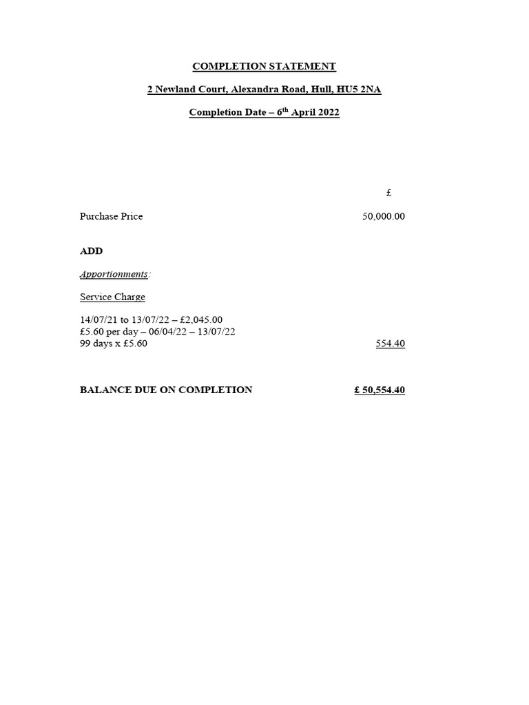 Completion Statement - 2 Newland Court | PDF