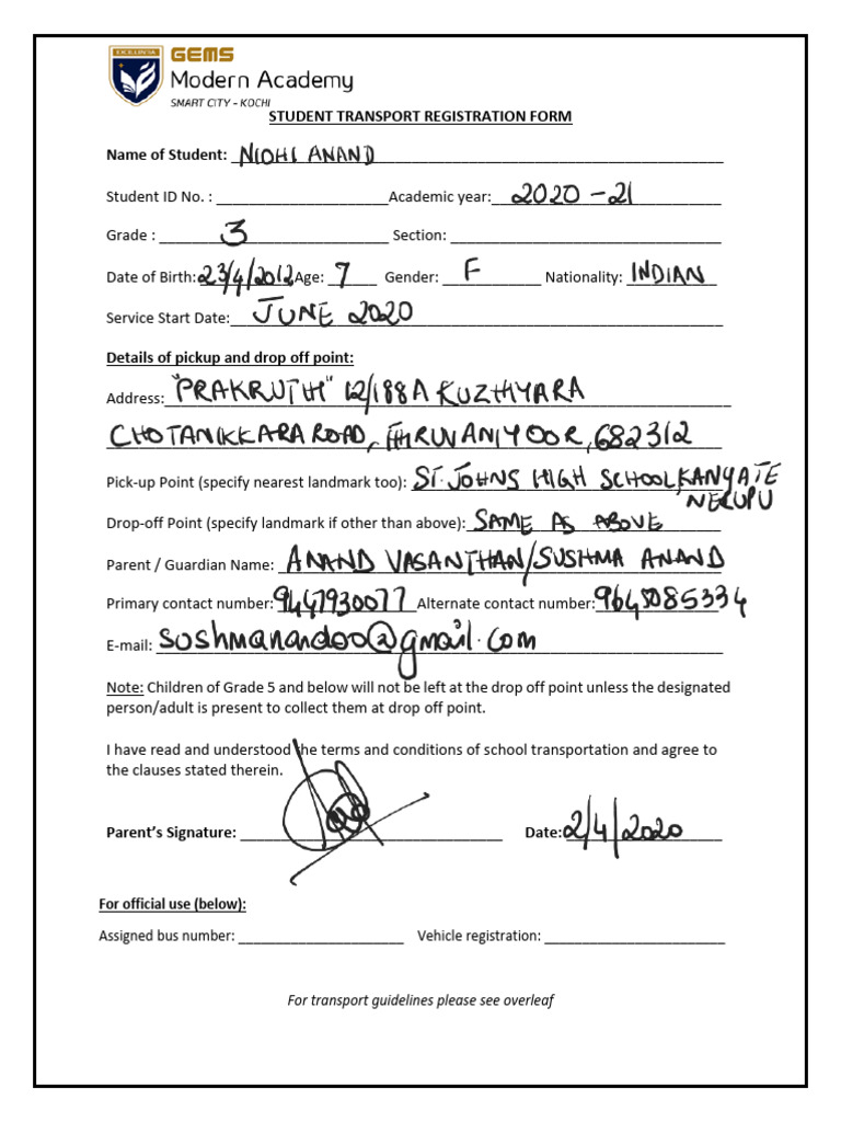 Student Transportation Registration Form | PDF | Bus | Transport