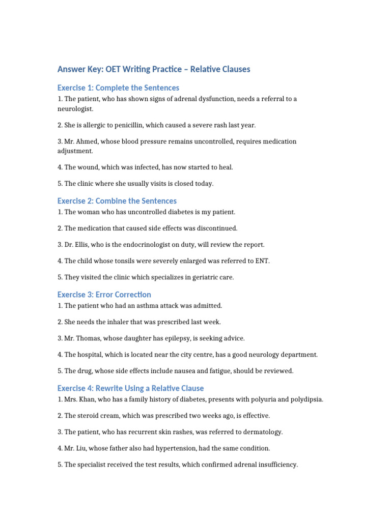 OET Relative Clause Answer Key | PDF