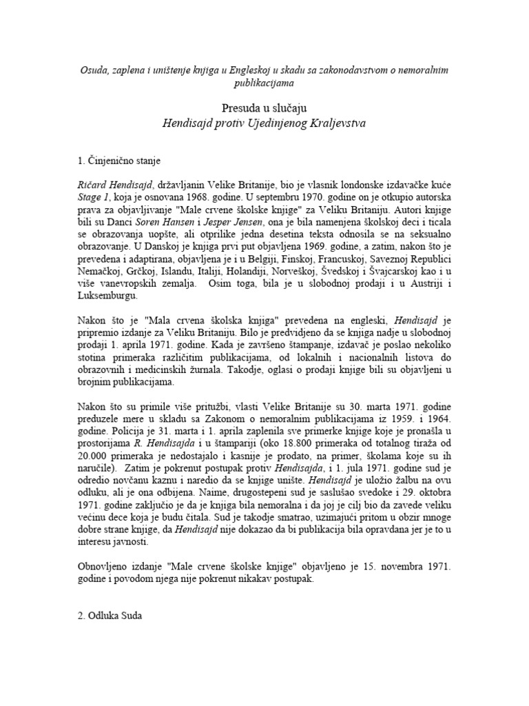CASE OF HANDYSIDE v. THE UNITED KINGDOM - (Serbian Translation) Summary ...