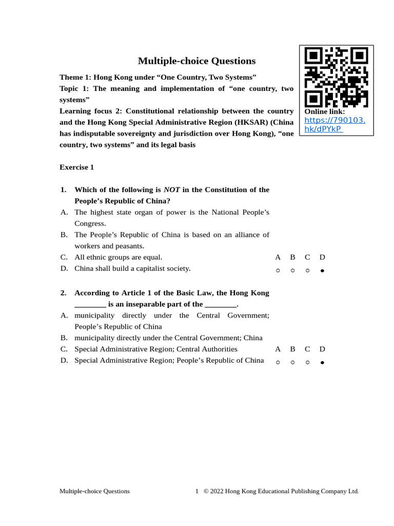 Hong Kong's "One Country, Two Systems" Quiz | PDF | Government | China