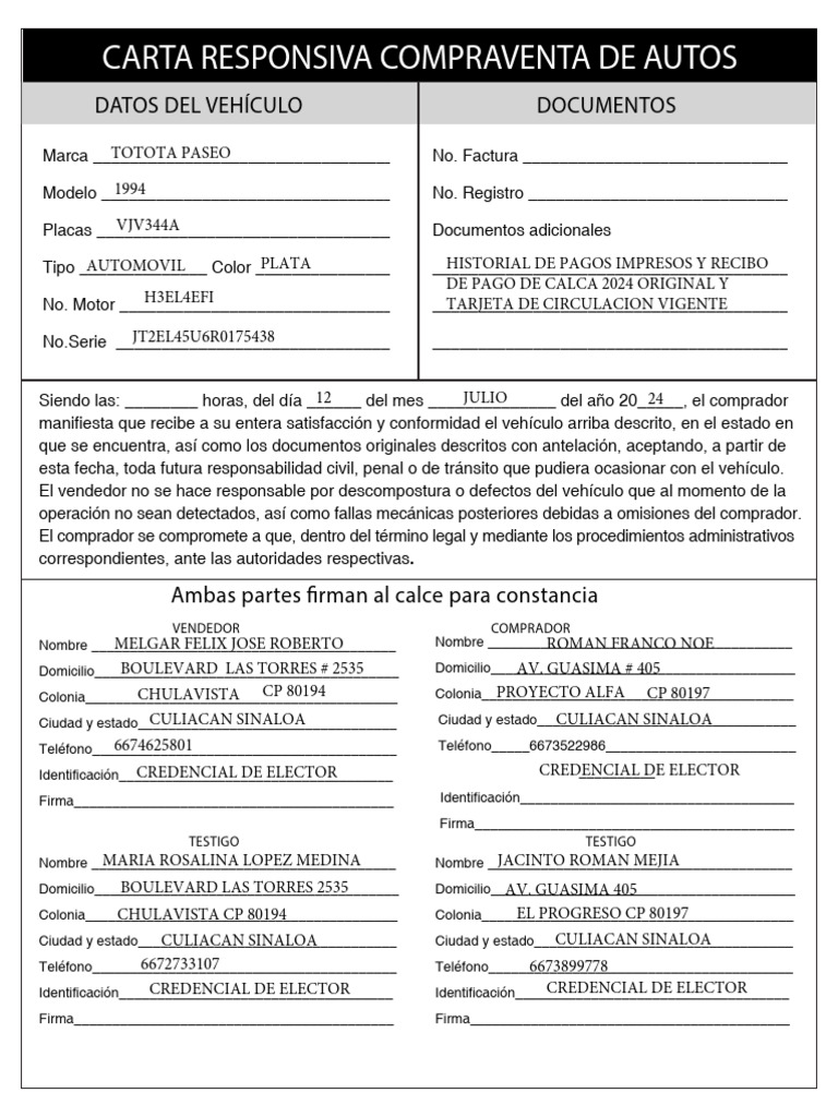 Carta Responsiva Compraventa Auto - Unlocked | PDF