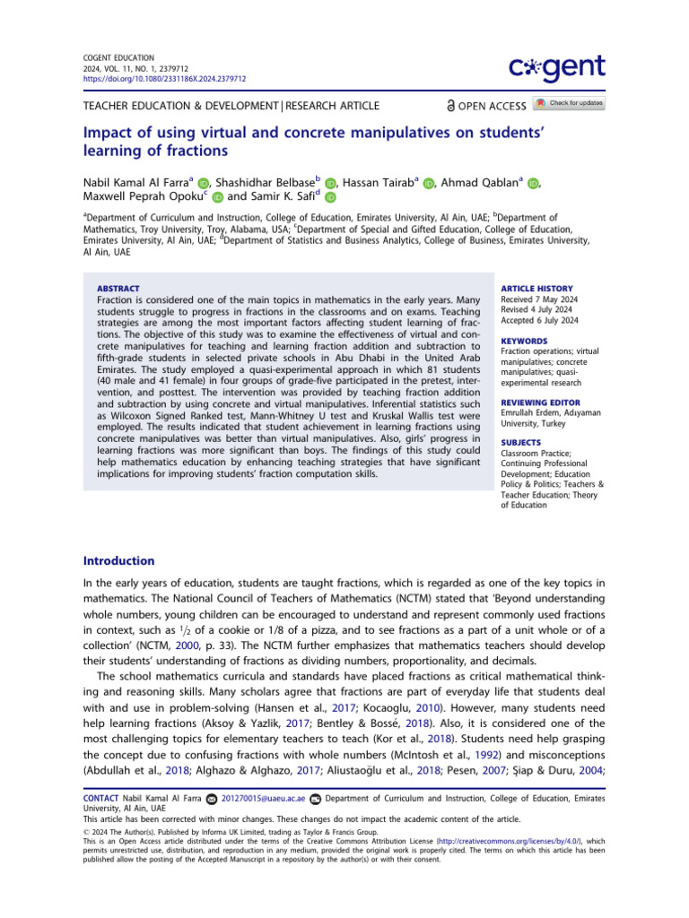 Virtual vs Concrete Manipulatives in Fractions | PDF | National Council ...