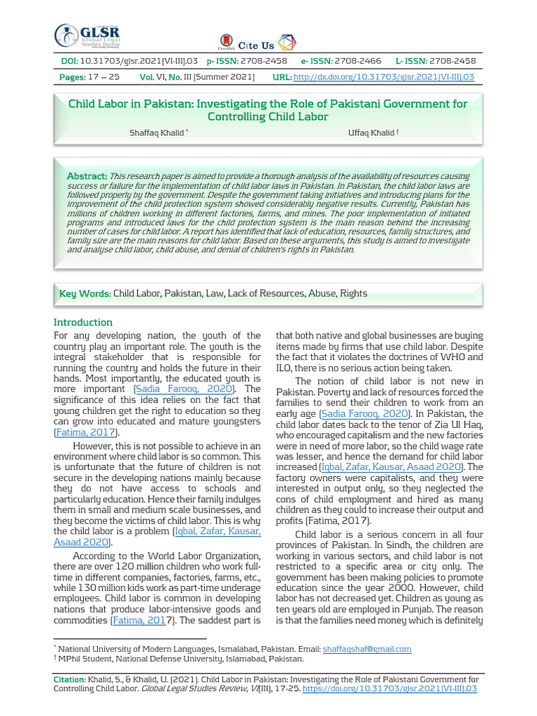 Child Labor in Pakistan Investigating The Role of | PDF | Labour Economics | Child Labour