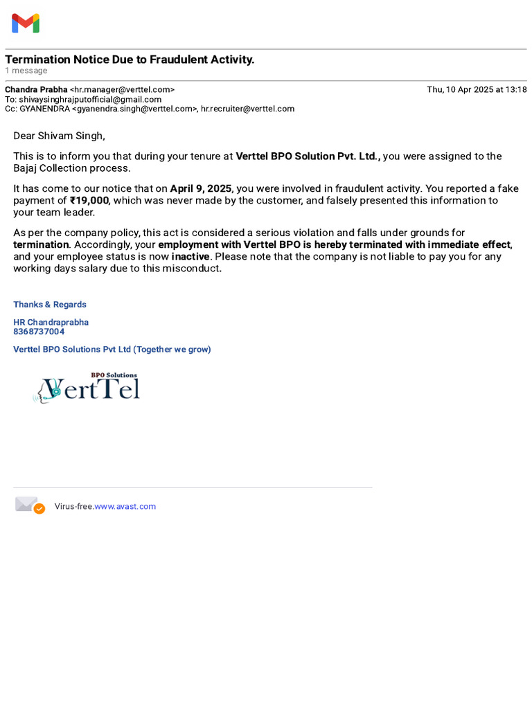 Termination Notice for Fraudulent Activity | PDF