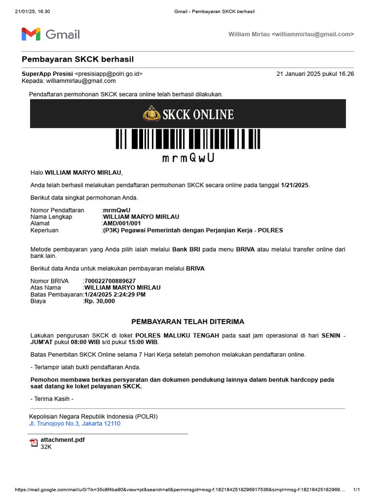 Gmail - Pembayaran SKCK Berhasil | PDF
