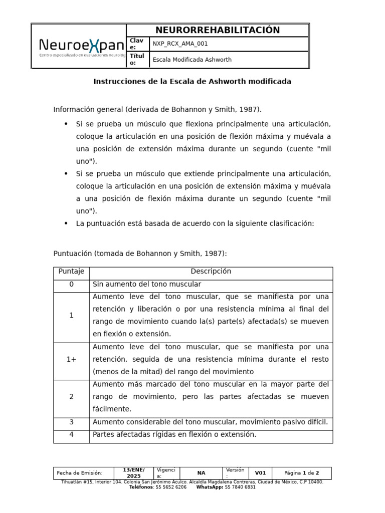 Instrucciones Escala Ashworth Modificada | PDF