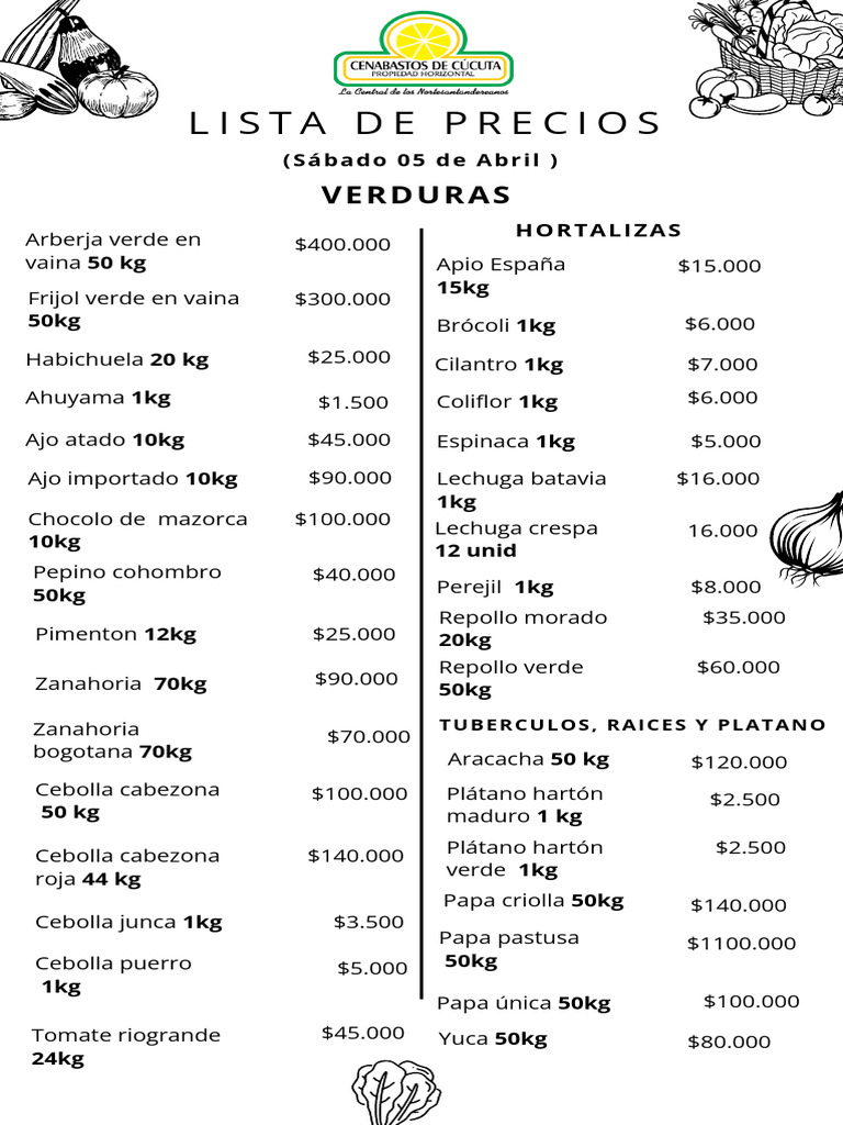 Lista de Precios de Verduras y Frutas | PDF | Cocina vegana | Agricultura