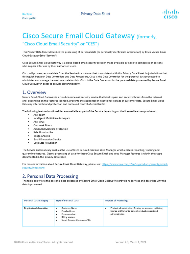 Cisco Ces Privacy Data Sheet | PDF | Computer Security | Security