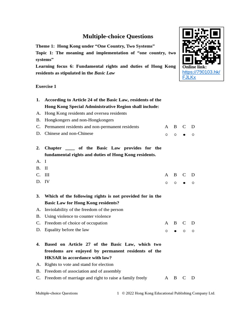 Hong Kong Basic Law: Rights & Duties Quiz | PDF | Political Charters ...