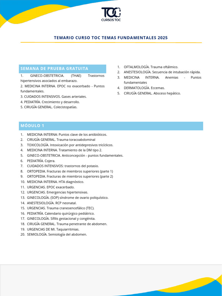 Temario Curso TOC Temas Fundamentales 2025 | PDF | Dermatología | Especialidades Medicas