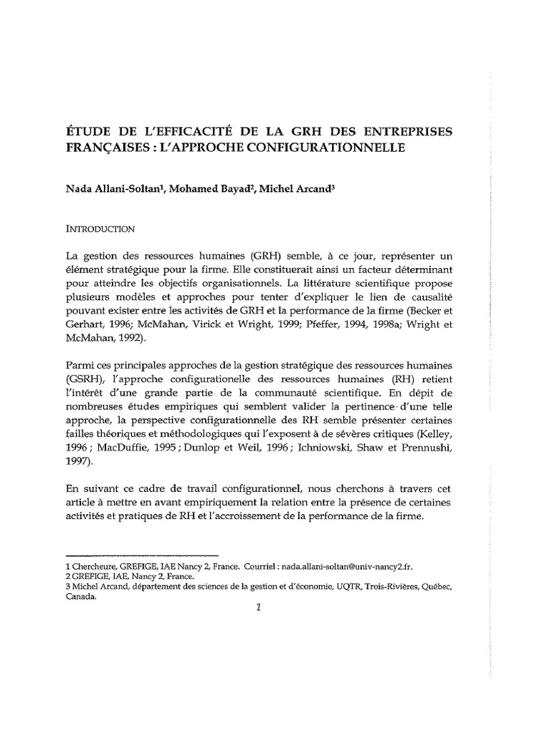Efficacite de La GRH Dans L'approche Configurationnelle | PDF