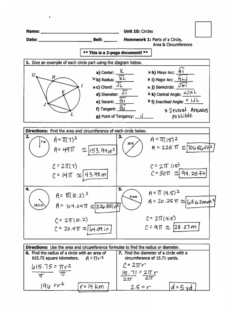Geometry Honors Unit 10 Circles Homework Key 2021-2022 | PDF