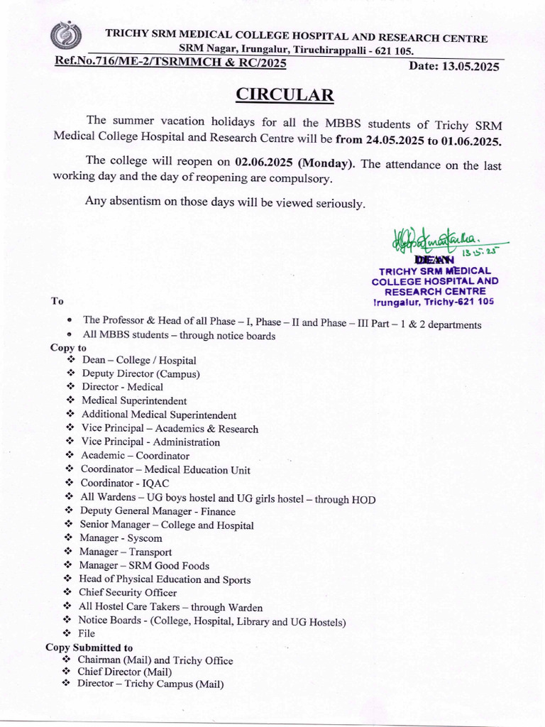 Summer Vacation Circular | PDF