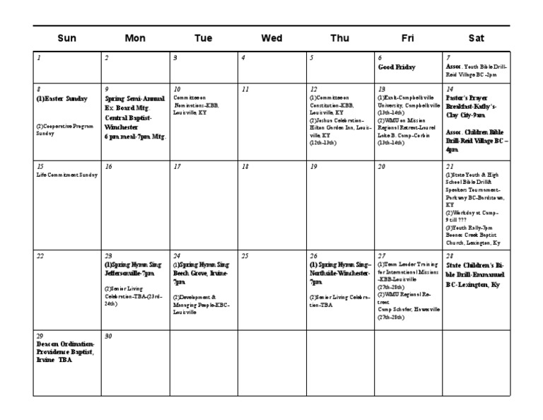 April 2024 Church Events Calendar | PDF