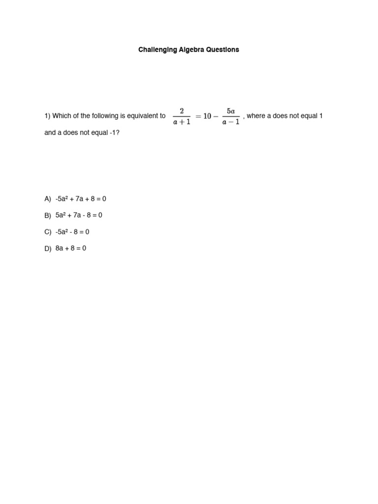 Challenging+Algebra+Questions+ Exercises | PDF