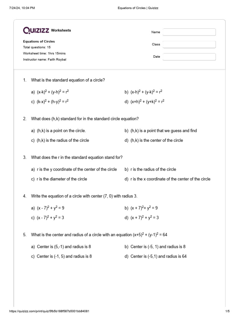 Equations of Circles - Quizizz | PDF | Circle | Radius