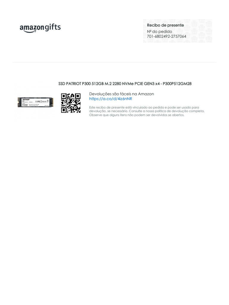 Recibo de Presente Amazon - SSD 512GB | PDF