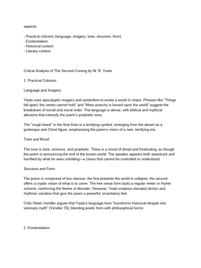 WB YEATS THE SECOND COMING | PDF | Poetry | W. B. Yeats