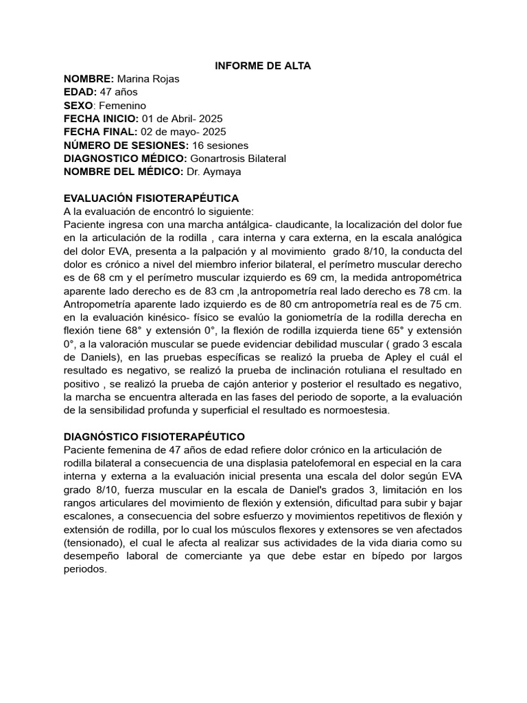 Informe de Alta Corregido | PDF | Rodilla | Diagnostico medico