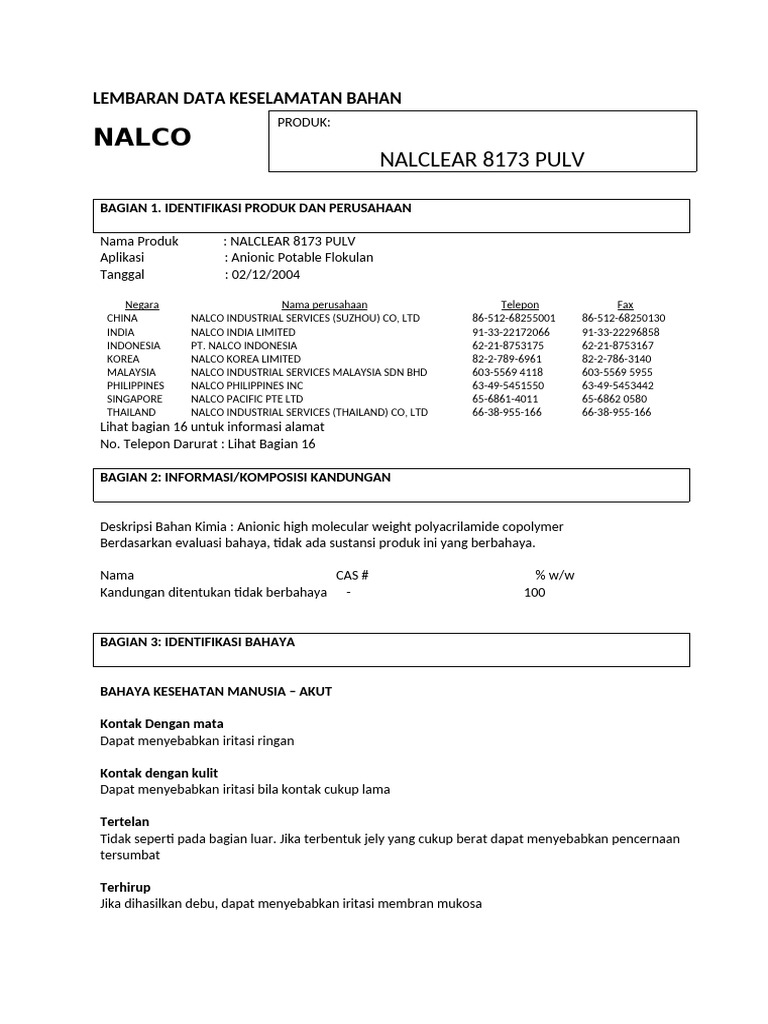 Data Keselamatan NALCLEAR 8173 | PDF
