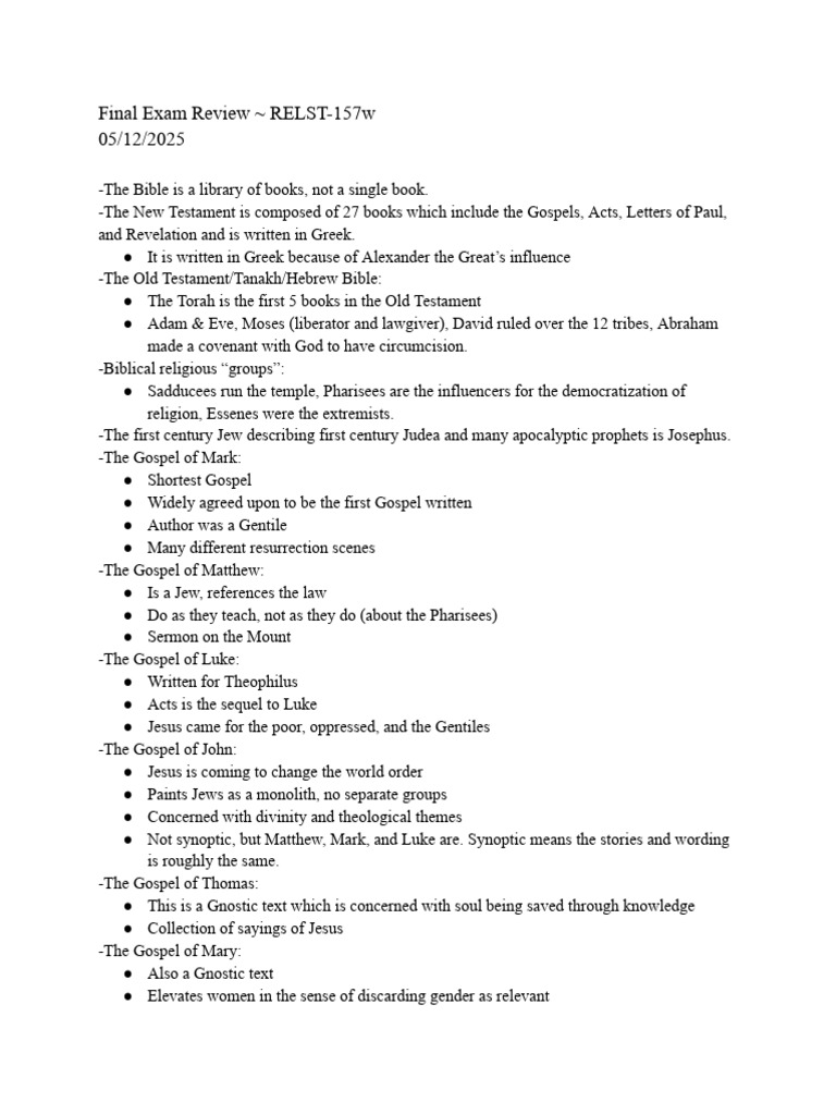 RELST-157w Notes 05 - 12 - 2025 | PDF | Paul The Apostle | Jesus